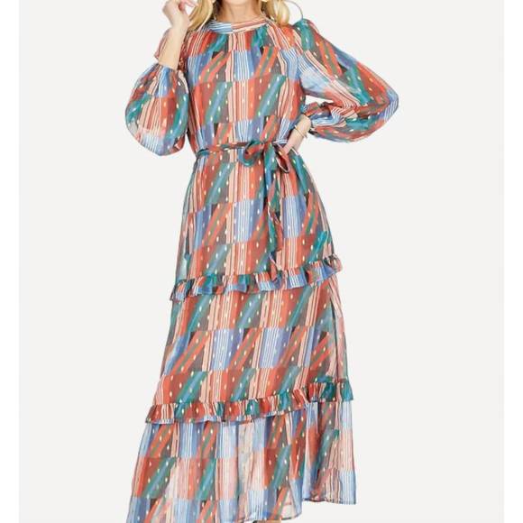 Joy Joy | Dresses | New Joy Joy Ruff Trim Column Maxi Dress In Geo ...